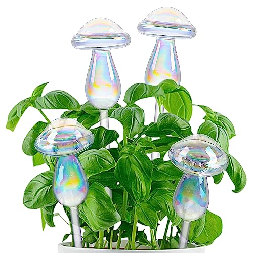 Jiuhexuj Plant Watering Globes -4 Pack Iridescent Rainbow Gradient Color Clear Mushroom Self Watering Spikes-Plant Watering Bulbs Devices for Indoor and Outdoor Plants - Measures 9" L x 2.7" D