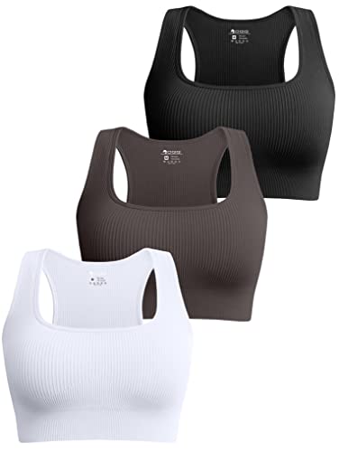 OQQ Women's 3 Piece Medium Support Crop Tops Ribbed Seamless Removable Cups Workout Exercise Racerback Sport Bra Black Tea Leaf White