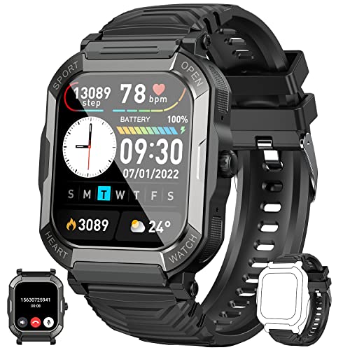 Rlaineox Smart Watch for Men Fitness Tracker: (Make/Answer Call) Bluetooth Military Smartwatch for Android Phones iPhone Waterproof Outdoor Tactical Digital Sport Run Watches Blood Heart Rate Monitor