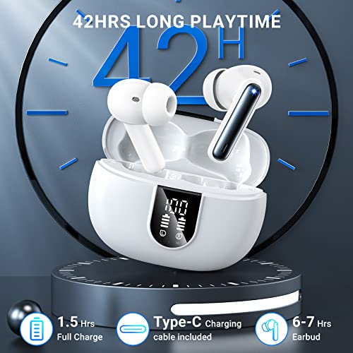 Wireless Earbuds,2023 Wireless Headphones HiFi Stereo Earphones with 4 ENC Noise Canceling Mic, 42Hs Playtime In Ear Earbud, Bluetooth 5.3 Sport Earphones with LED Power Display for Android iOS Silver