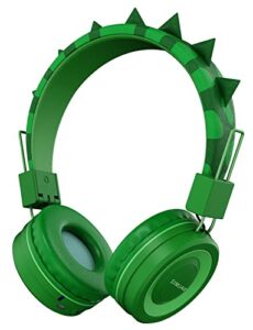 simjar kids bluetooth headphones with microphone for school, dinosaur over-ear kids wireless headphones with volume limiter 94db, foldable adjustable headband for ipad/airplane/travel/tablet (green)