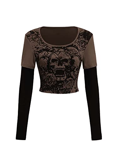 SOLY HUX Women's Y2K Shirt Gothic Long Sleeve Crop Tops Graphic Tees Skull Floral Print T Shirts Coffee Brown S