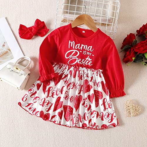 Camidy Baby Girl Dress Infant Girls Long Sleeve Casual Dress Toddler Heart Print A-Line Dress with Bowknot Headband Red