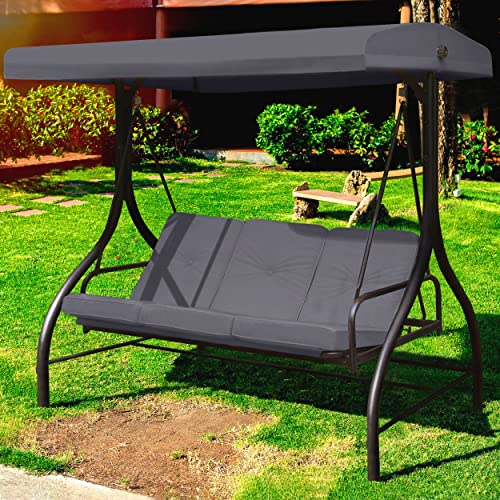 VEIKOU Outdoor Porch Swing with Converting Seat, 3-Seat Patio Swing Chair w/Upgraded Thick Cushion & Weather Resistant Steel Frame, Backyard Swing Glider Hammock w/Adjustable Canopy, Grey