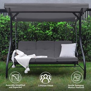 VEIKOU Outdoor Porch Swing with Converting Seat, 3-Seat Patio Swing Chair w/Upgraded Thick Cushion & Weather Resistant Steel Frame, Backyard Swing Glider Hammock w/Adjustable Canopy, Grey