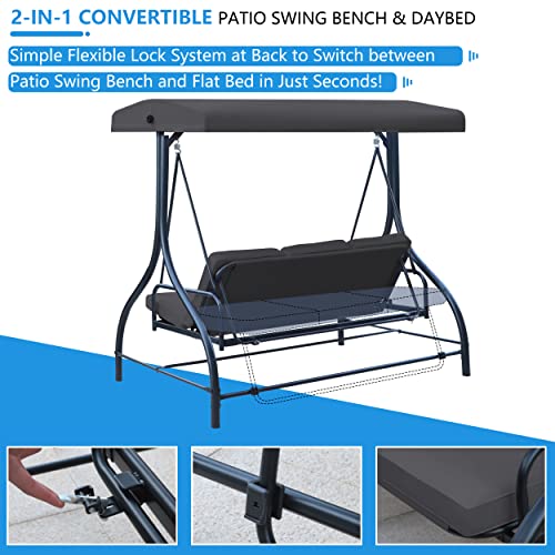 VEIKOU Outdoor Porch Swing with Converting Seat, 3-Seat Patio Swing Chair w/Upgraded Thick Cushion & Weather Resistant Steel Frame, Backyard Swing Glider Hammock w/Adjustable Canopy, Grey