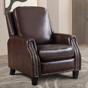 canmov genuine leather recliner chair, classic and traditional push back recliner chair with solid wood legs, adjustable single sofa with nailhead trim for living room, bedroom, brown