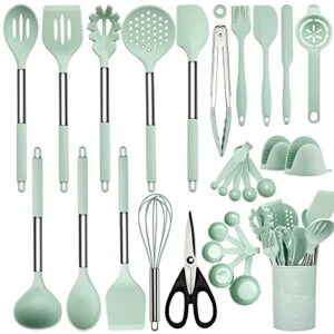 ncue cooking utensils set, 28 pcs silicone kitchen utensils set with holder, silicone whisk, spatulas, scissors, measuring cups and spoons set with stainless steel handle kitchen gadgets (light green)