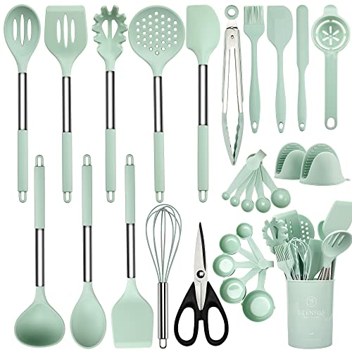 NCUE Cooking Utensils Set, 28 Pcs Silicone Kitchen Utensils Set with Holder, Silicone Whisk, Spatulas, Scissors, Measuring Cups and Spoons Set with Stainless Steel Handle Kitchen Gadgets (Light Green)