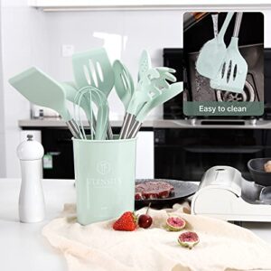 NCUE Cooking Utensils Set, 28 Pcs Silicone Kitchen Utensils Set with Holder, Silicone Whisk, Spatulas, Scissors, Measuring Cups and Spoons Set with Stainless Steel Handle Kitchen Gadgets (Light Green)