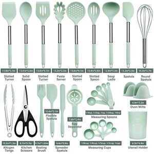 NCUE Cooking Utensils Set, 28 Pcs Silicone Kitchen Utensils Set with Holder, Silicone Whisk, Spatulas, Scissors, Measuring Cups and Spoons Set with Stainless Steel Handle Kitchen Gadgets (Light Green)