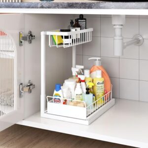 reepor under sink organizer,2-tier pull out cabinet organizer under kitchen sink organizer,under cabinet storage multi-use for bathroom laundry kitchen white