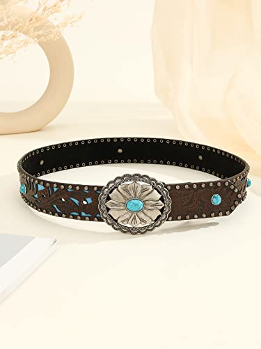 Verdusa Women's Vintage Western Leather Buckle Belt Coffee Turquoise 100