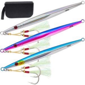 gefischtter 3pcs saltwater vertical fishing jigs metal jigging spoon speed fast deep sea jigging fishing lures glow lead jigs with assist hooks for tuna,bass,dogtooth,grouper/5.64oz(160g)