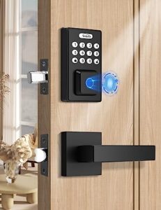 tinewa keyless entry door lock with 2 lever handles, fingerprint entry door handleset, electronic digital keypad deadbolt with app, auto lock & one touch locking, front smart door handle sets, black