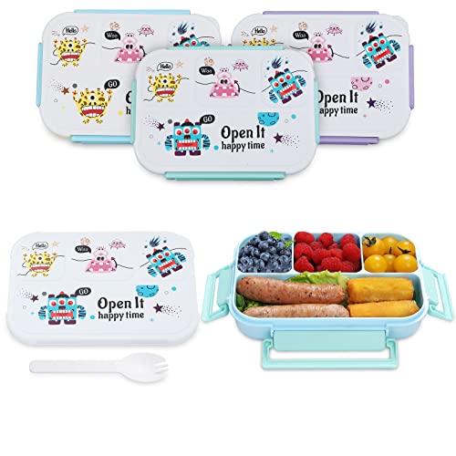 Ezyec Bento Lunch Box for Kids - 3 Packs Snack Containers for Adults or Kids Cute Cover - Small 4 Leakproof Compartments Bento Box for Toddlers Boys Girls School Travel