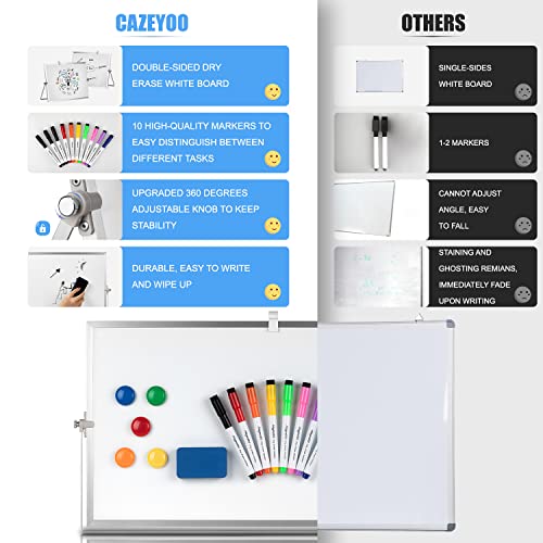 Dry Erase White Board, Cazeyoo Magnetic Desktop Whiteboard 16 x 12inch with Stand, 10 Markers, 4 Magnets and 1 Eraser, Portable Double-Sided White Board for Kids Drawing, Office, Home, School