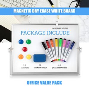 Dry Erase White Board, Cazeyoo Magnetic Desktop Whiteboard 16 x 12inch with Stand, 10 Markers, 4 Magnets and 1 Eraser, Portable Double-Sided White Board for Kids Drawing, Office, Home, School