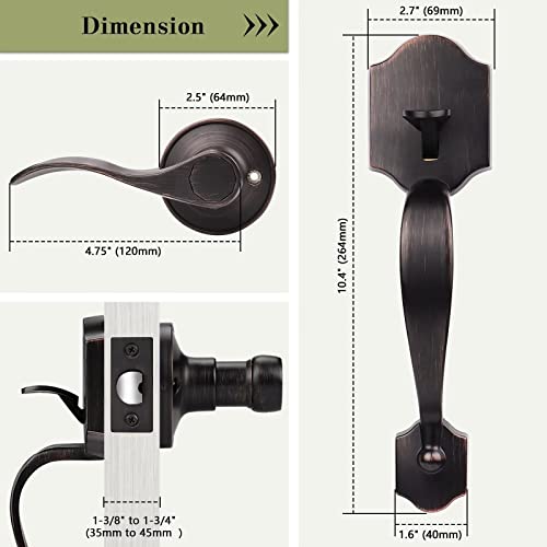 Tinewa Main Entrance Keyless Door Handleset, Passage Front Door Handle with Lever Inside, Low Profile Front Lock Handleset with Halifax Oil Rubbed Bronze Finish, Reversible for Right & Left Sided