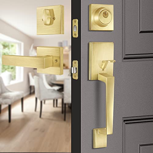 Felibat Front Door Handle,Satin Brass Front Door Lock Set with Single Cylinder Deadbolt and Door Lever,Entry Door Locksets