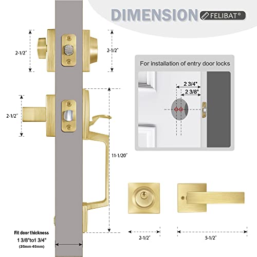 Felibat Front Door Handle,Satin Brass Front Door Lock Set with Single Cylinder Deadbolt and Door Lever,Entry Door Locksets