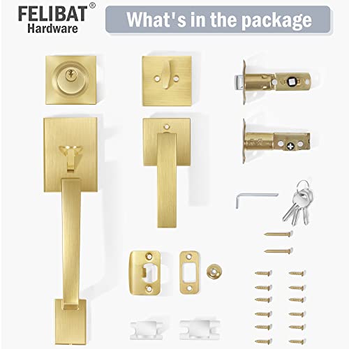 Felibat Front Door Handle,Satin Brass Front Door Lock Set with Single Cylinder Deadbolt and Door Lever,Entry Door Locksets