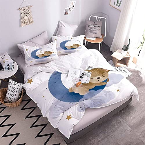 Quilt Cover Twin Size Cartoon Bear 3D Bedding Sets Moon Duvet Cover Breathable Hypoallergenic Stain Wrinkle Resistant Microfiber with Zipper Closure,beding Set with 2 Pillowcase