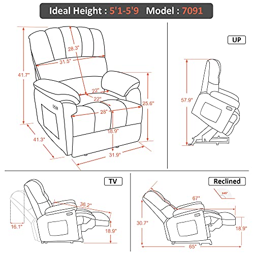 MCombo Medium Power Lift Recliner Chair Sofa with Massage and Heating, 3 Positions, USB Ports, Control Buttons for Elderly People, Fabric 7091