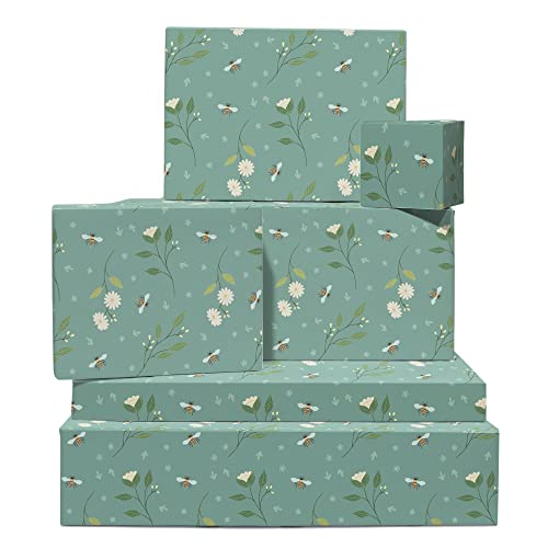 CENTRAL 23 Floral Wrapping Paper For Women- 6 Sheets Green Gift Wrap Paper - Wedding Gift Wrapping Paper - Flowers and Bees - Comes With Fun Stickers