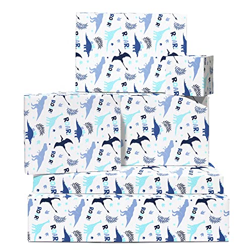 CENTRAL 23 Boys Birthday Wrapping Paper - Dinosaur Wrapping Paper - 6 Sheets Blue Gift Wrap - Eco - Comes With Fun Stickers - Recyclable