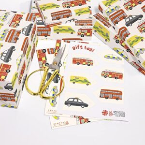 CENTRAL 23 Vehicles Wrapping Paper - Boy Birthday Wrapping Paper - 6 Sheets Gift Wrap - Firetruck - Taxi Cab - Bus - Comes With Fun Stickers - Recyclable