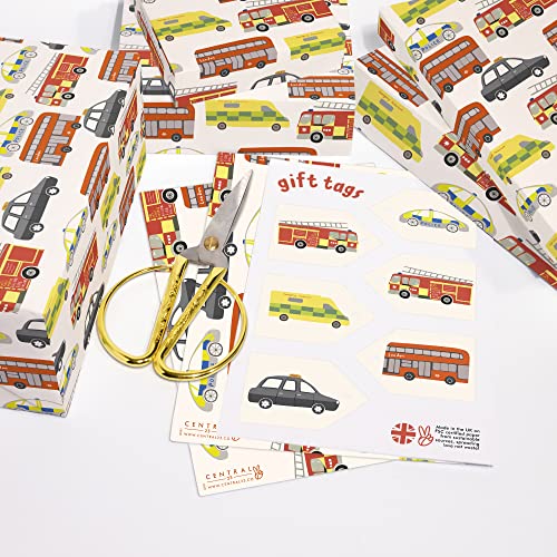 CENTRAL 23 Vehicles Wrapping Paper - Boy Birthday Wrapping Paper - 6 Sheets Gift Wrap - Firetruck - Taxi Cab - Bus - Comes With Fun Stickers - Recyclable