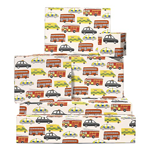 CENTRAL 23 Vehicles Wrapping Paper - Boy Birthday Wrapping Paper - 6 Sheets Gift Wrap - Firetruck - Taxi Cab - Bus - Comes With Fun Stickers - Recyclable