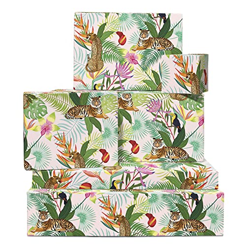 CENTRAL 23 Wilderness Wrapping Paper - Tropical Jungle - 6 Sheets Green Gift Wrap - Leopard - Tiger - For Birthday Baby Shower - Comes With Fun Stickers - Recyclable