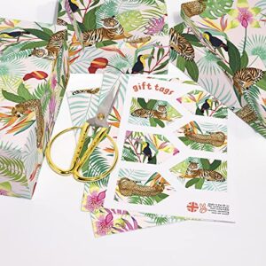 CENTRAL 23 Wilderness Wrapping Paper - Tropical Jungle - 6 Sheets Green Gift Wrap - Leopard - Tiger - For Birthday Baby Shower - Comes With Fun Stickers - Recyclable