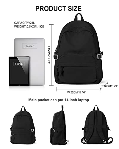 winspansy Small Travel Backpack For Women Men Aesthetic Lightweight Daypack Simple Cute Backpack Waterproof College bag Fit 14 Inch Laptop, Black