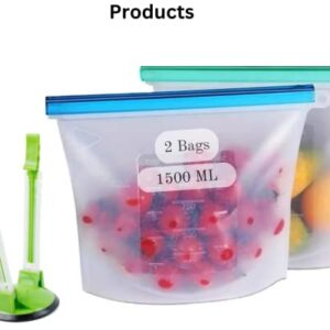 Silicone Reusable Storage Bags (1500ml | 2 Bags) with Stand By Nuccun, Airtight Ziplocks | Freeze | Microwave | Dishwasher Safe