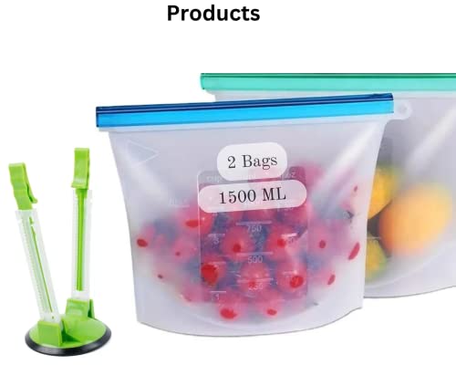 Silicone Reusable Storage Bags (1500ml | 2 Bags) with Stand By Nuccun, Airtight Ziplocks | Freeze | Microwave | Dishwasher Safe