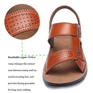 JOMENZE Sandals for Mens Leather Sandals Open Toe Back Strap Anti-Slip Comfortable Casual Slide Sandals Khaki 42