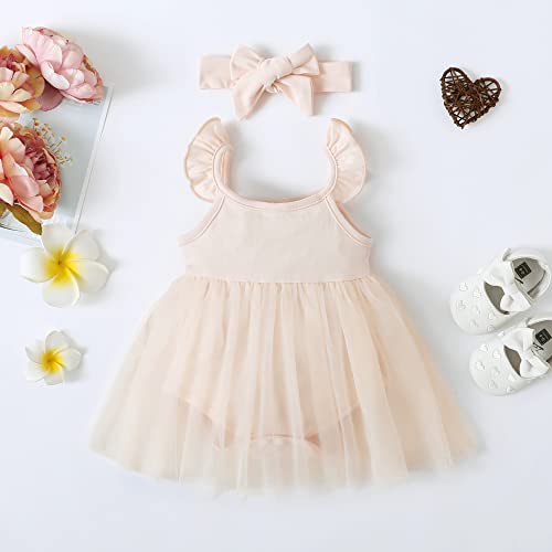 OPAWO Newborn Dress Infant Tulle Dress Baby Girl Photoshoot Outfits Summer Romper Onsies with Strap and Headband 12-18 Months Beige