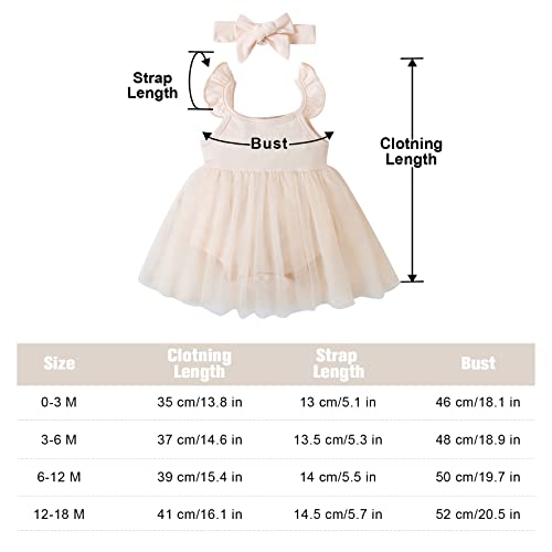 OPAWO Newborn Dress Infant Tulle Dress Baby Girl Photoshoot Outfits Summer Romper Onsies with Strap and Headband 12-18 Months Beige