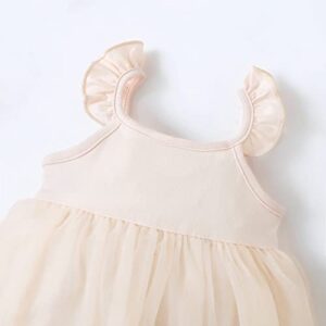 OPAWO Newborn Dress Infant Tulle Dress Baby Girl Photoshoot Outfits Summer Romper Onsies with Strap and Headband 12-18 Months Beige