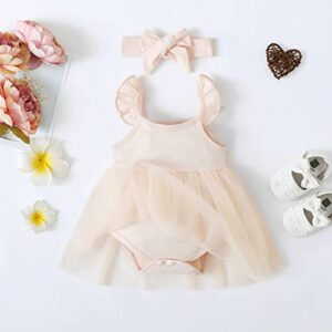 OPAWO Newborn Dress Infant Tulle Dress Baby Girl Photoshoot Outfits Summer Romper Onsies with Strap and Headband 12-18 Months Beige