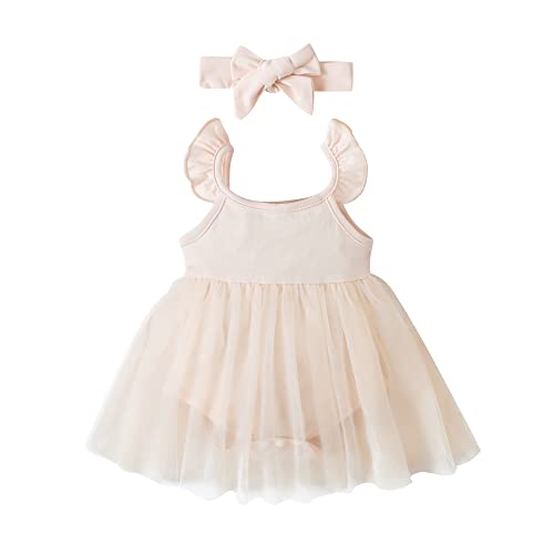 OPAWO Newborn Dress Infant Tulle Dress Baby Girl Photoshoot Outfits Summer Romper Onsies with Strap and Headband 0-3 Months Beige