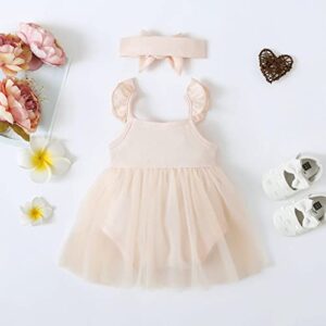 OPAWO Newborn Dress Infant Tulle Dress Baby Girl Photoshoot Outfits Summer Romper Onsies with Strap and Headband 0-3 Months Beige