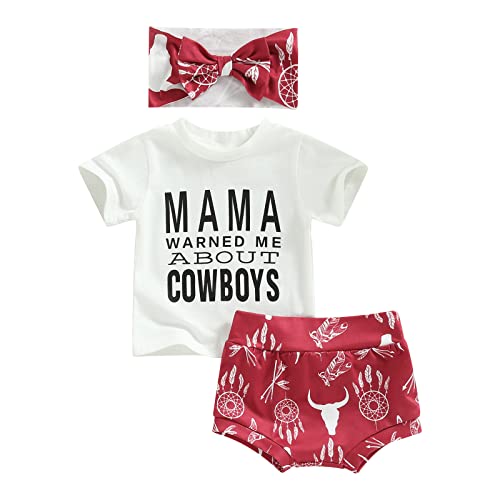 Western Baby Girl Clothes Letter Print Short Sleeve Top Shirt Cow Shorts with Headband 3PCS Summer Outfits (White B, 0-3 Months)