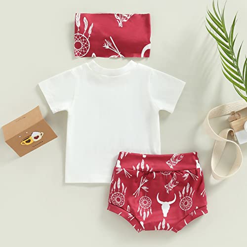 Western Baby Girl Clothes Letter Print Short Sleeve Top Shirt Cow Shorts with Headband 3PCS Summer Outfits (White B, 0-3 Months)