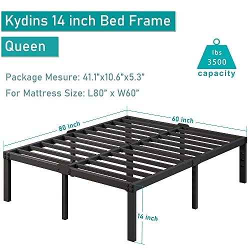 Kydins Platform Bed Frame Queen Size with Storage Headboard Compatible 14 Inch High Metal No Box Spring Needed Black Mattress Foundation Heavy Duty Steel Slat