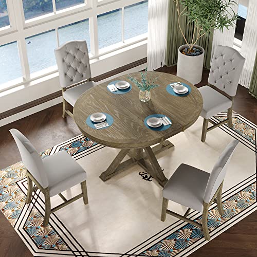 Merax 5-Piece Retro Dining Room Set with Extendable Table and 4 Upholstered Chairs Family Kitchen Functional Furniture, Natural Wood Wash