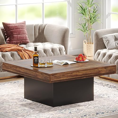 Tribesigns Farmhouse Coffee Table Square LED Coffee Table Engineered Wood Coffee Table for Living Room Rustic Brown & Black Low Coffee Table